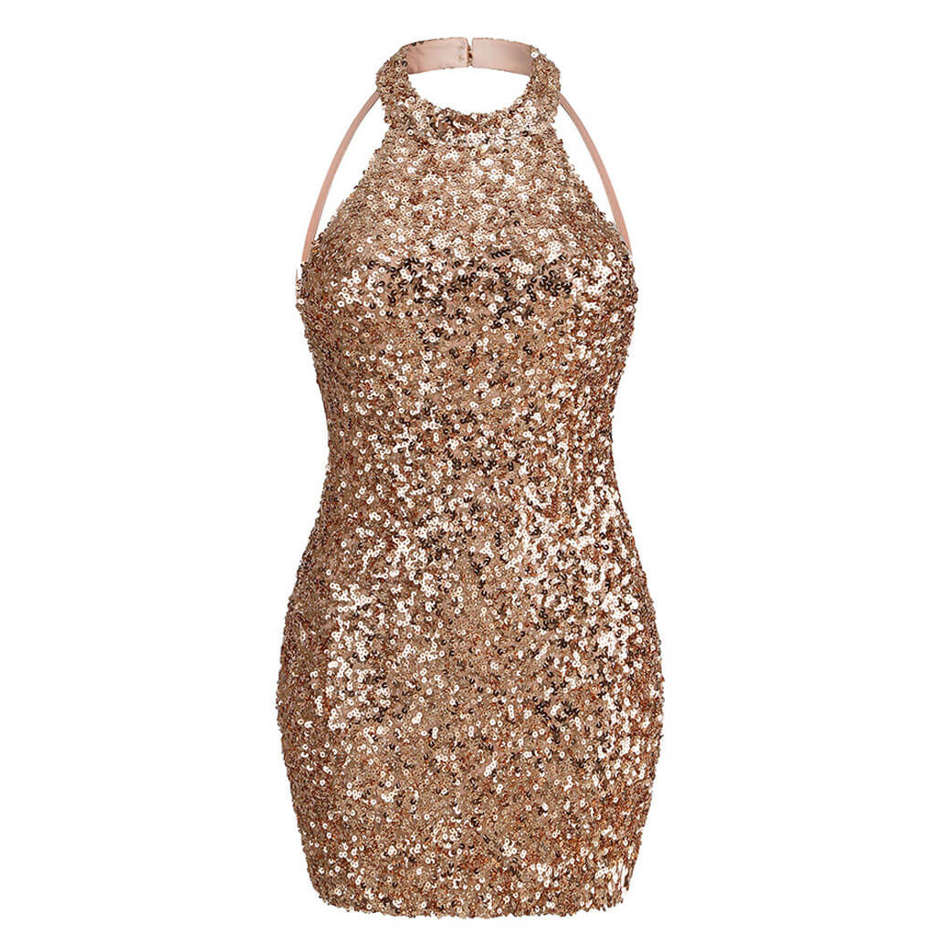 Sparkly Sequin Halter Neck Backless Bodycon Mini Dress Champagne